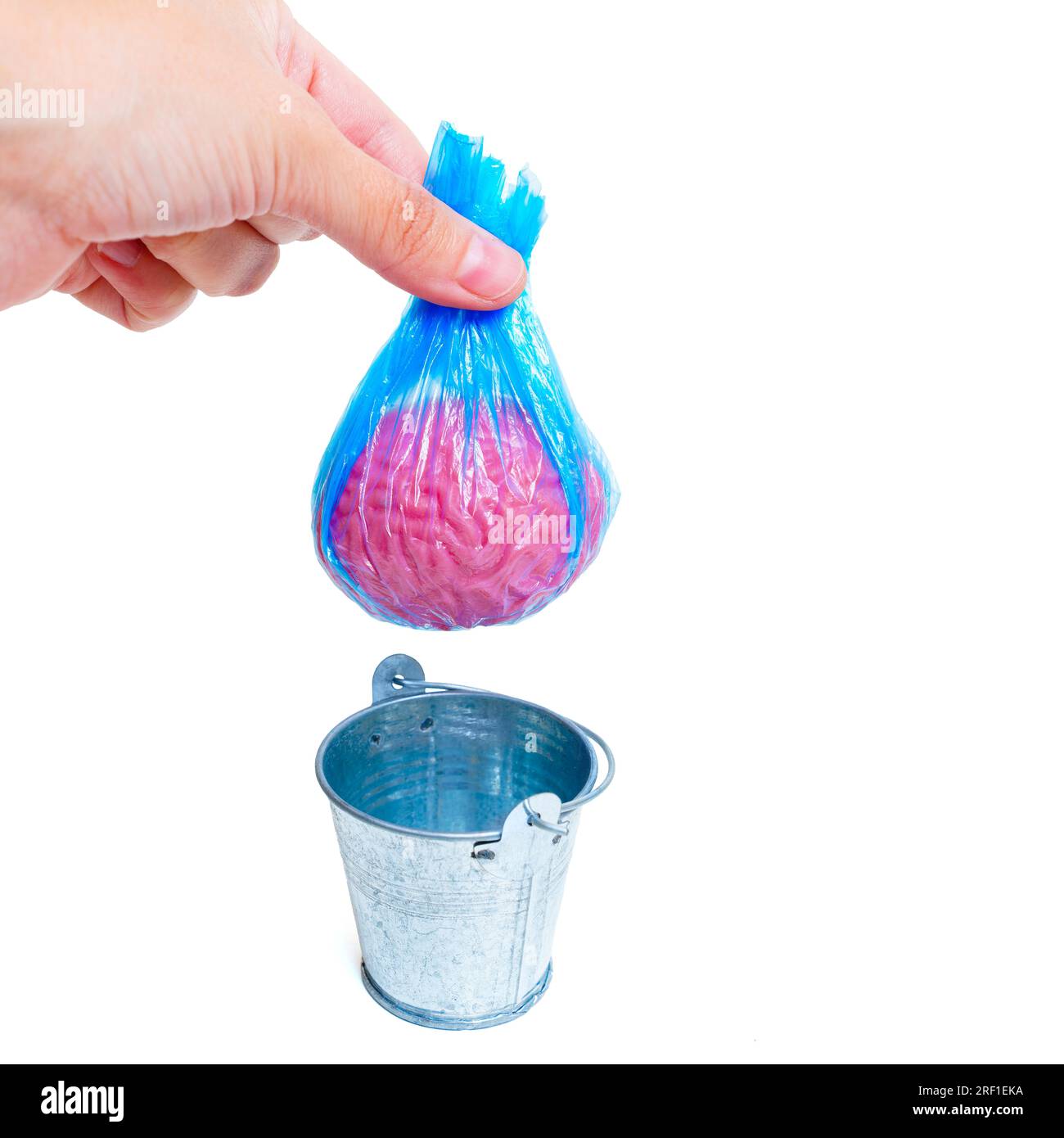 Close-up of a hand throwing a miniature human brain figurine into a ...