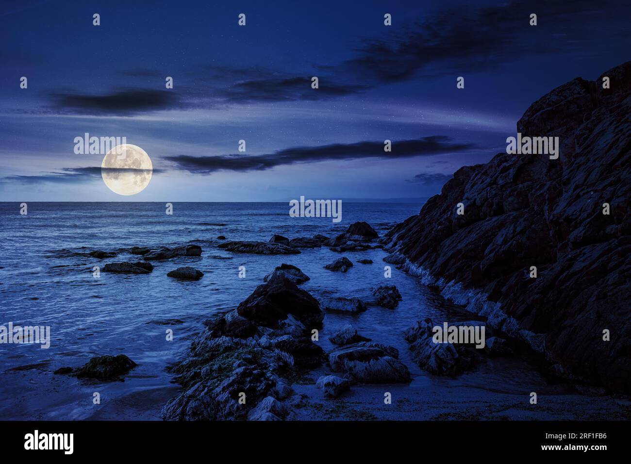 large rocks and seaweed on the rocky coast of the sea at night ...