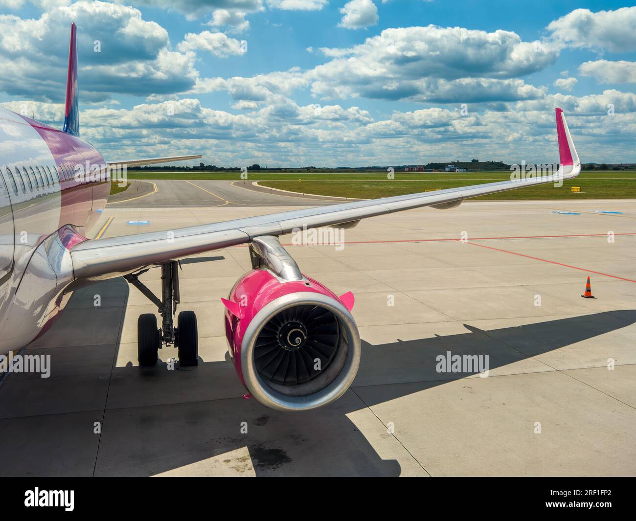 View of the fuselage and the wing with engine of the commercial ...