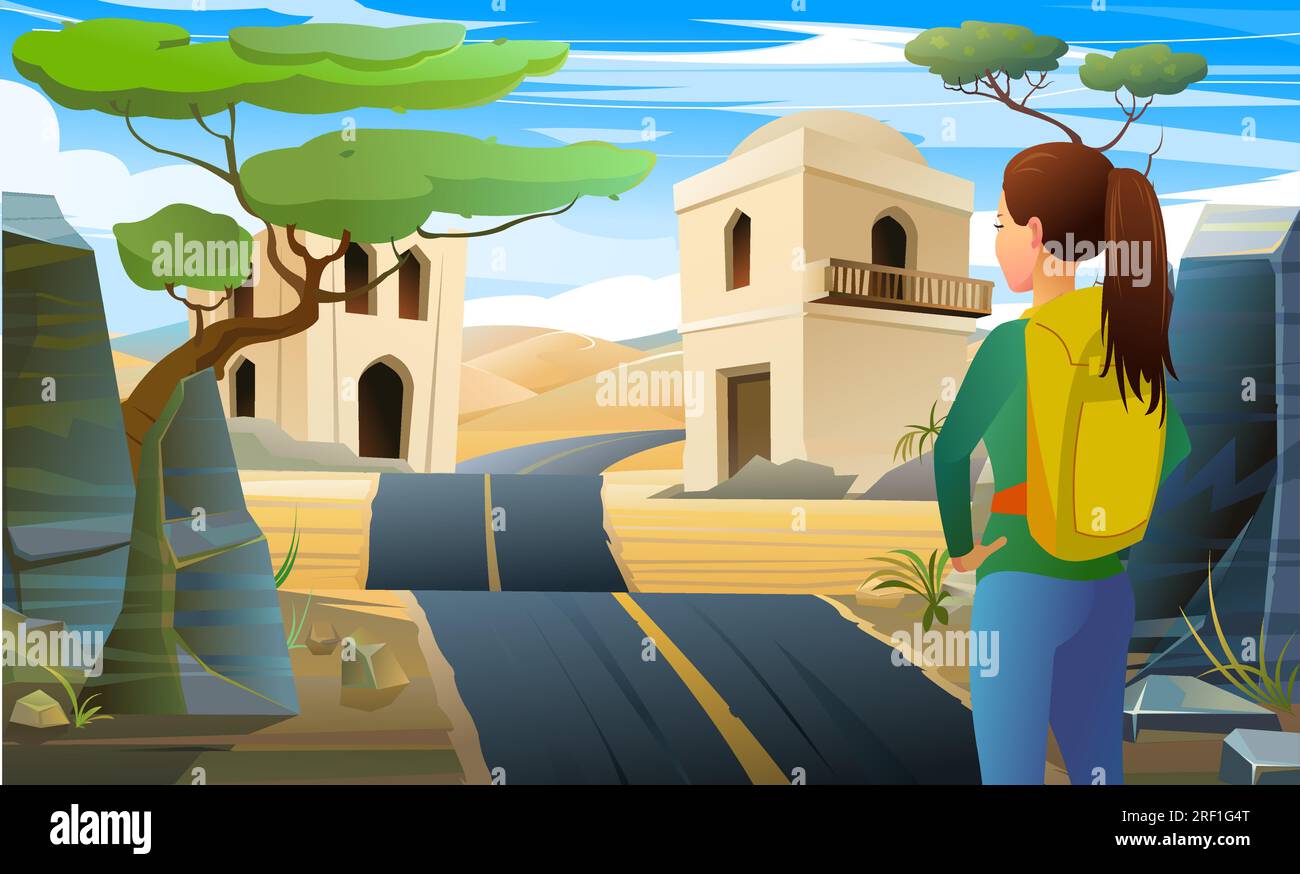 Village in desert. girl with backpack looks ahead. road to town in ...