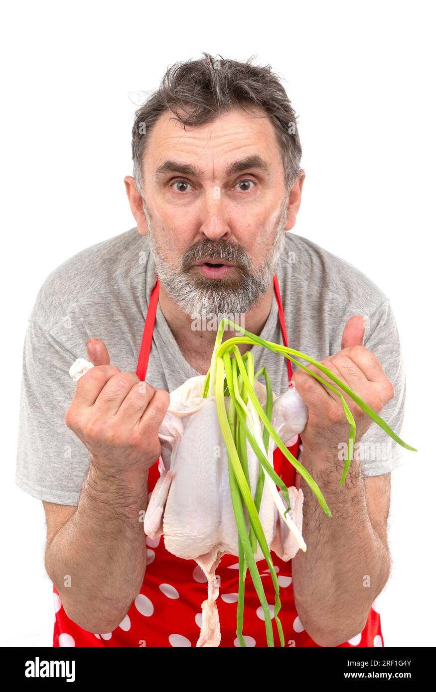 An elderly bearded male cook in a red polka-dot apron holds a raw ...