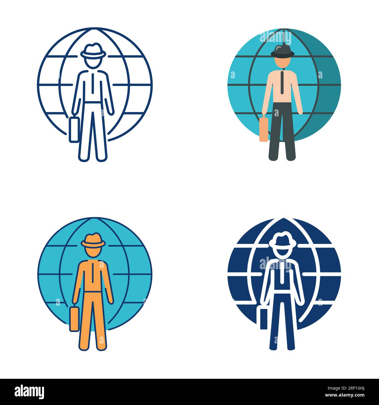 International spy agent icon set in flat and line style. Man in suit ...