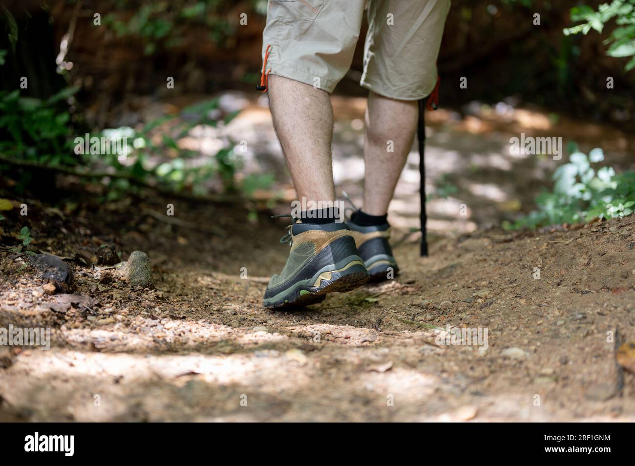 Close-up leg image of an Asian male trekker or hiker walking up the ...