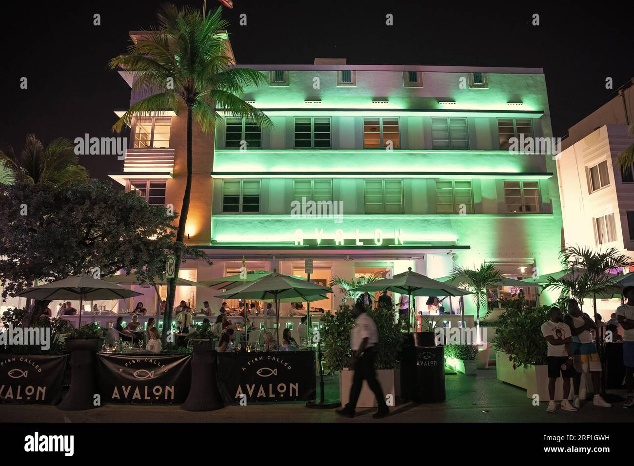 Miami, Florida USA - April 16, 2021: Miami south beach ocean drive illuminated buildings in ...