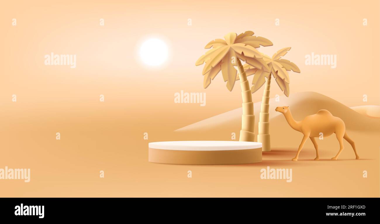 Sahara desert landscape background with pempty product podium and palm ...