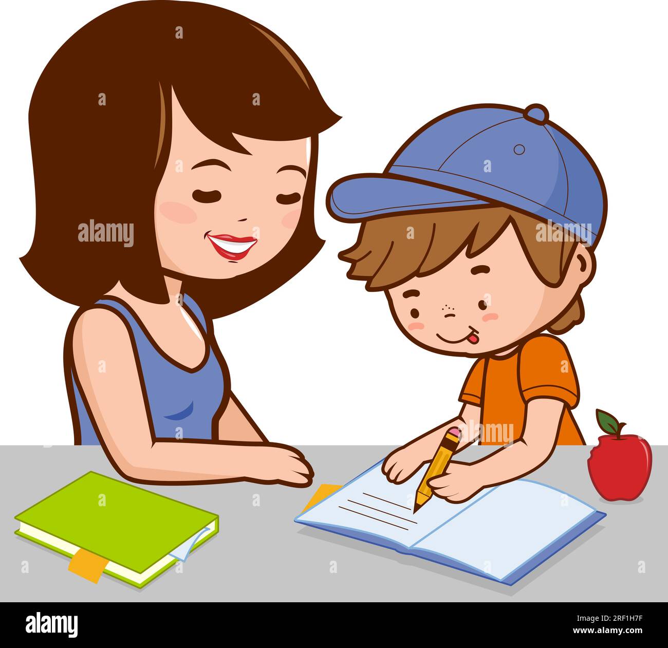 Mother helping her child with his homework for school. Vector Illustration Stock Vector Image ...
