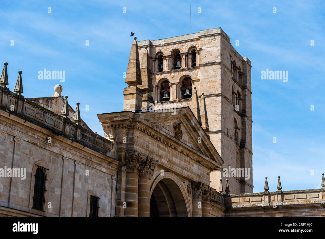 Bell tower and portico of the romanesque Cathedral of Zamora Stock ...