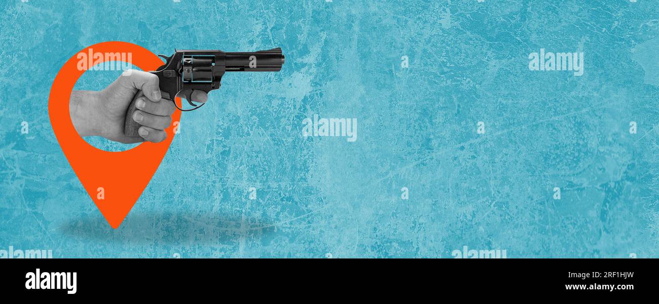 Art collage, modern design, hand with gun on blue background. Copying ...