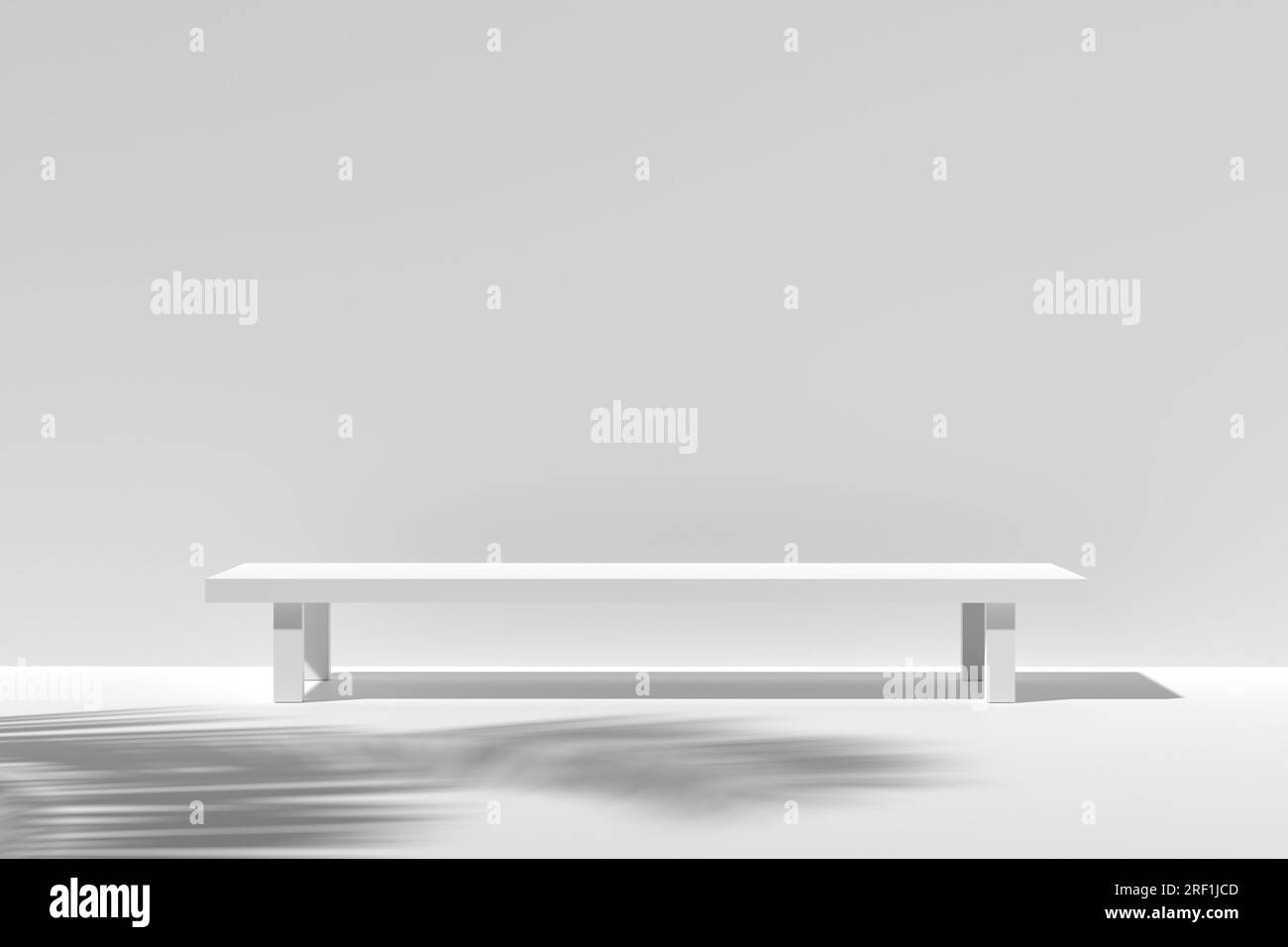 Empty white bench or table pedestal or podium display. Exterior sunny ...