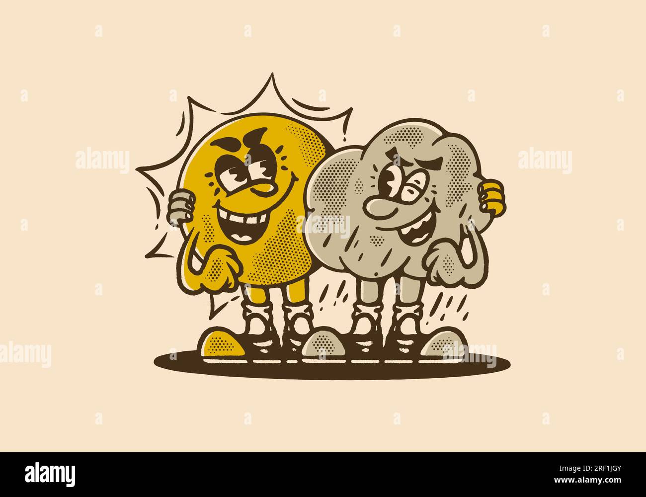 Mascot character illustration of a sun and rain cloud, in vintage style ...