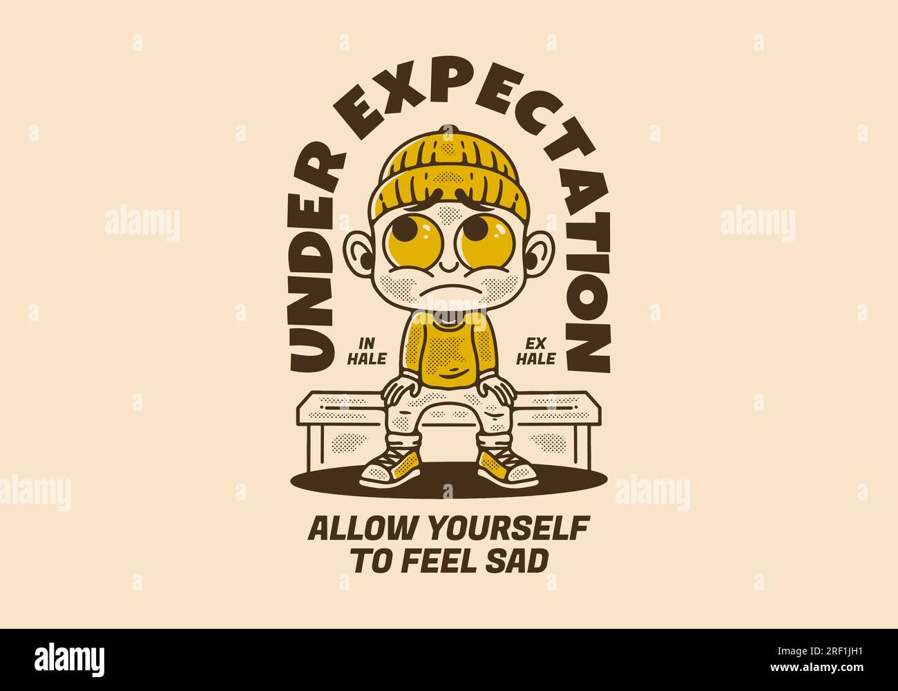 Under expectation, little man character wearing beanie with sad face ...