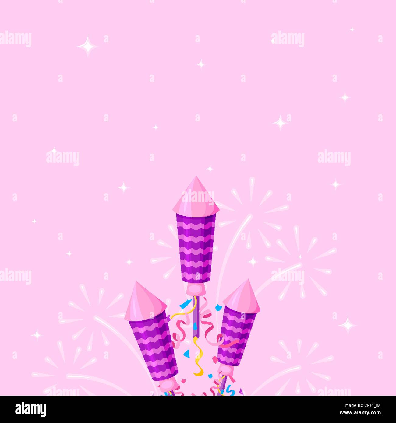 Fireworks rocket confetti star pink background flat. Cute purple ...