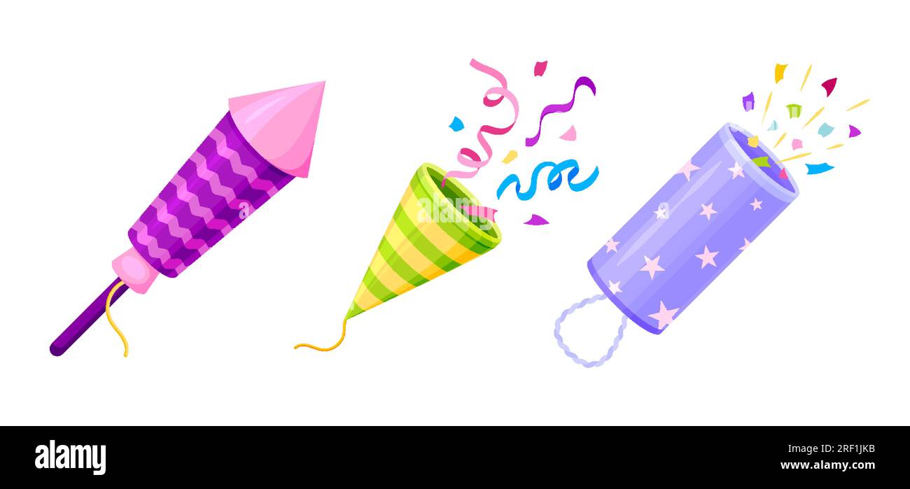 Firework rocket party popper colorful confetti flat set. Pink green ...