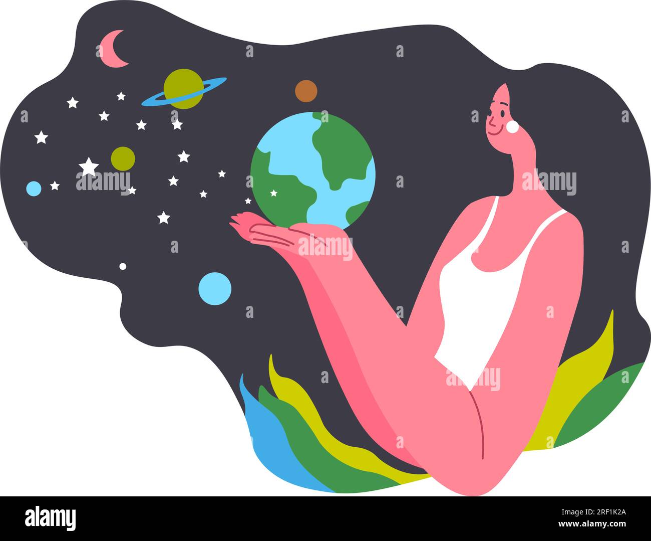 Woman with planet and stars, female character Stock Vector Image & Art ...