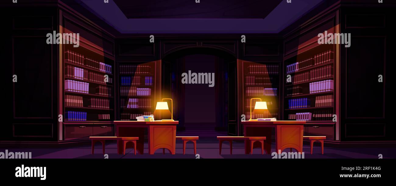 Public library at night with many books on shelves and working desks ...