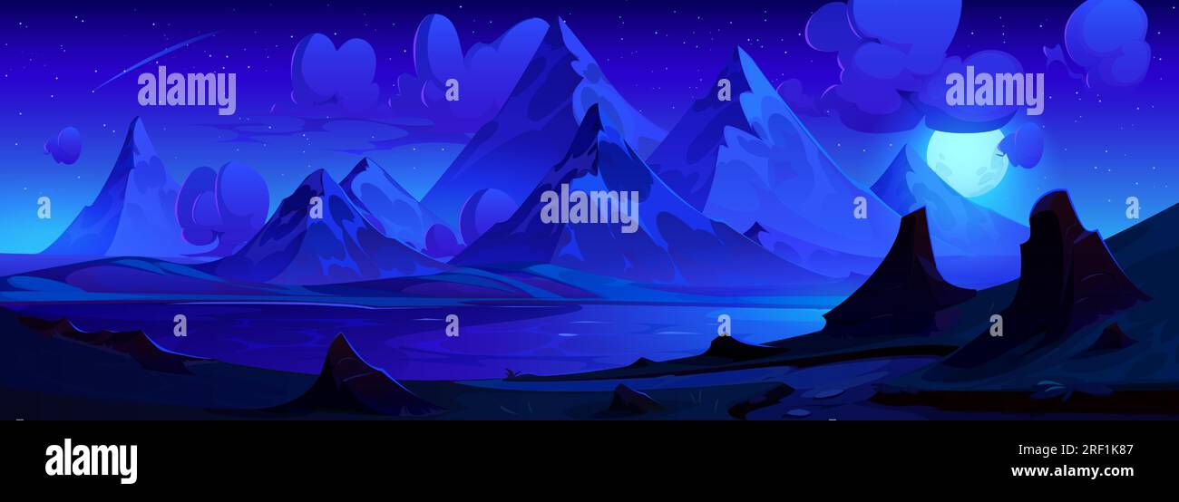 Night mountain landscape with lake in dark valley. Vector cartoon ...