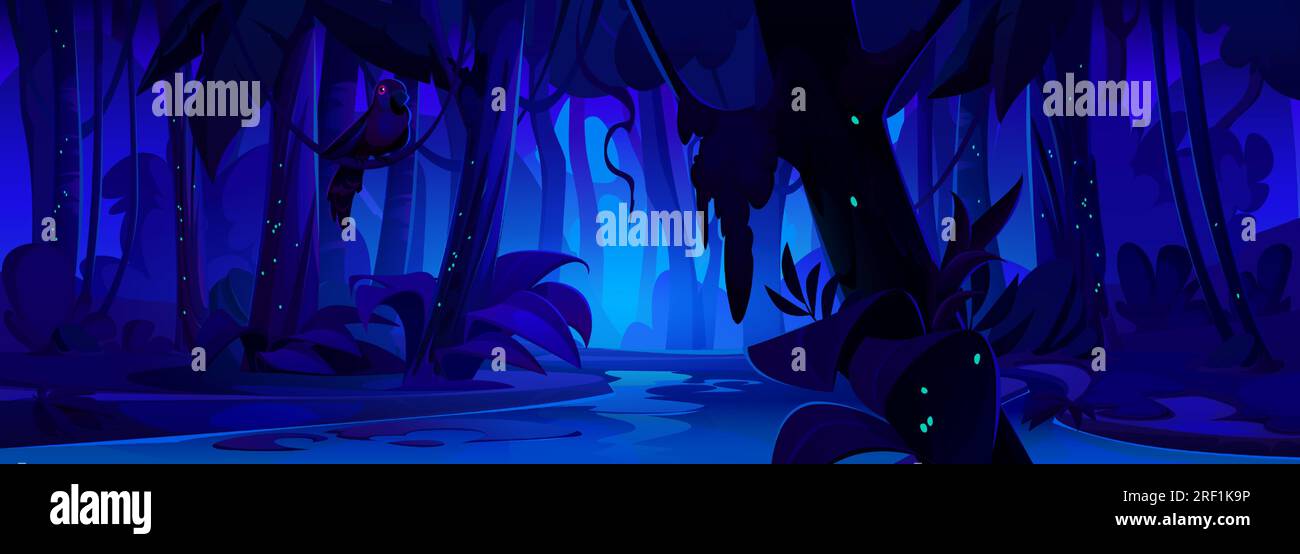 Night jungle forest with river cartoon background. Lake, fantasy tree ...