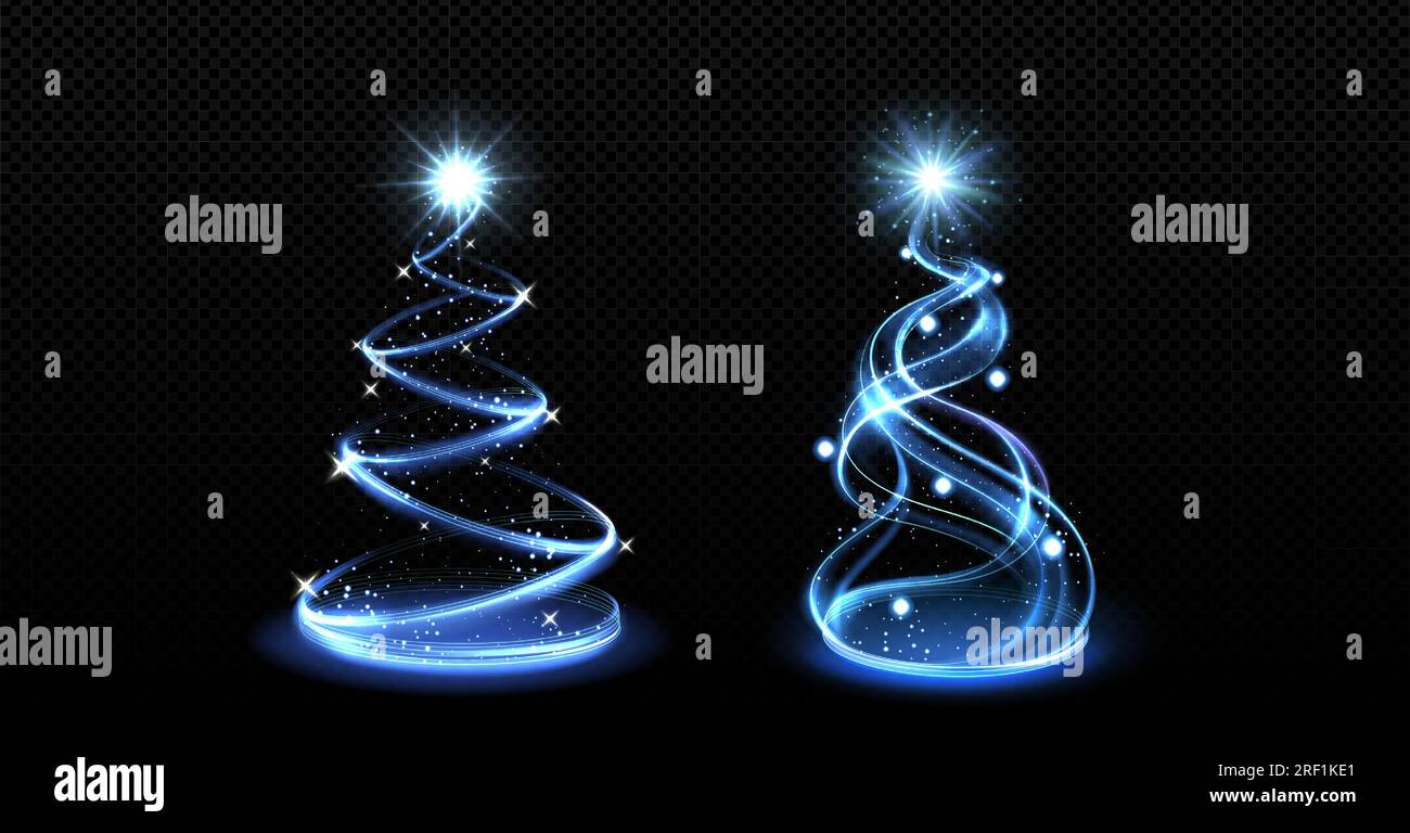 Blue light Christmas tree vector with star sparkle. Merry Xmas magic ...