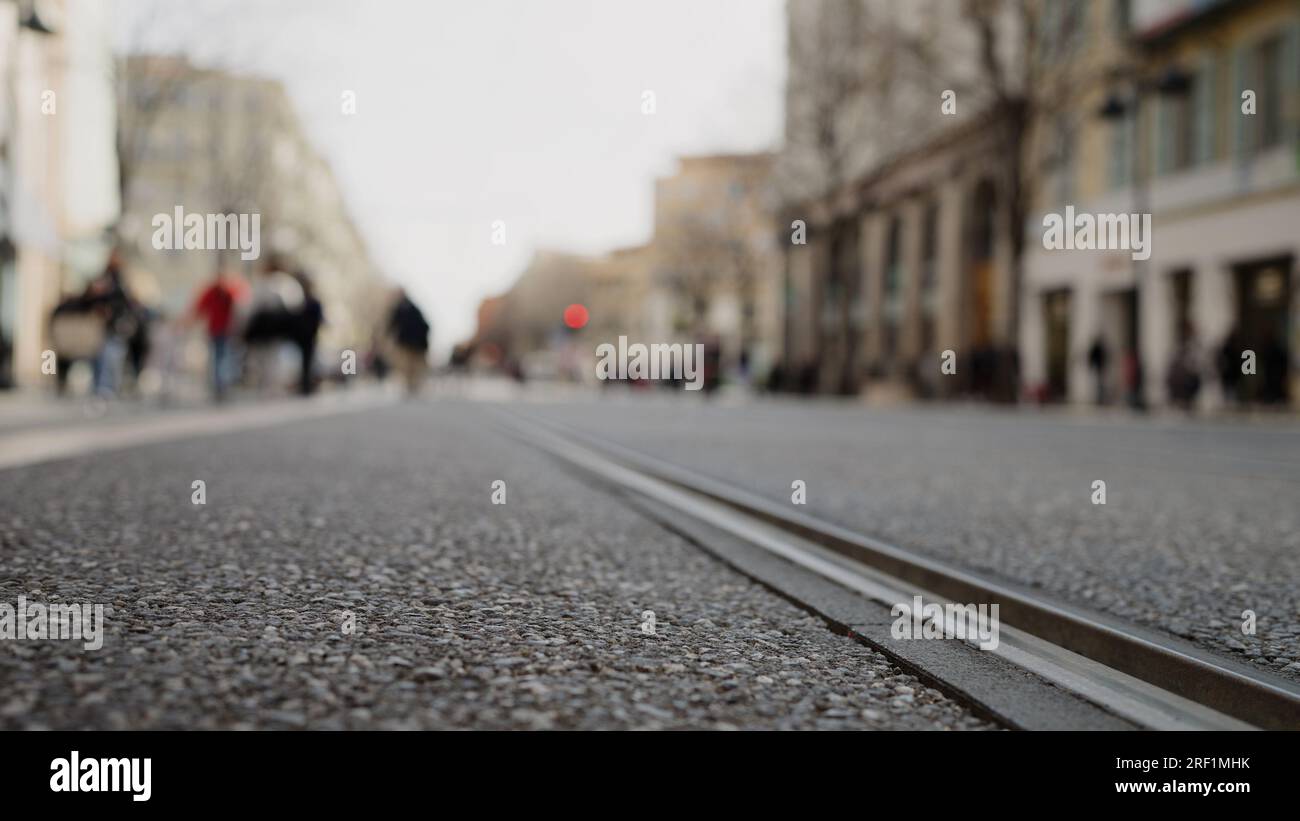 Closeup low angle shot of pedestrian street of Nice, city background ...