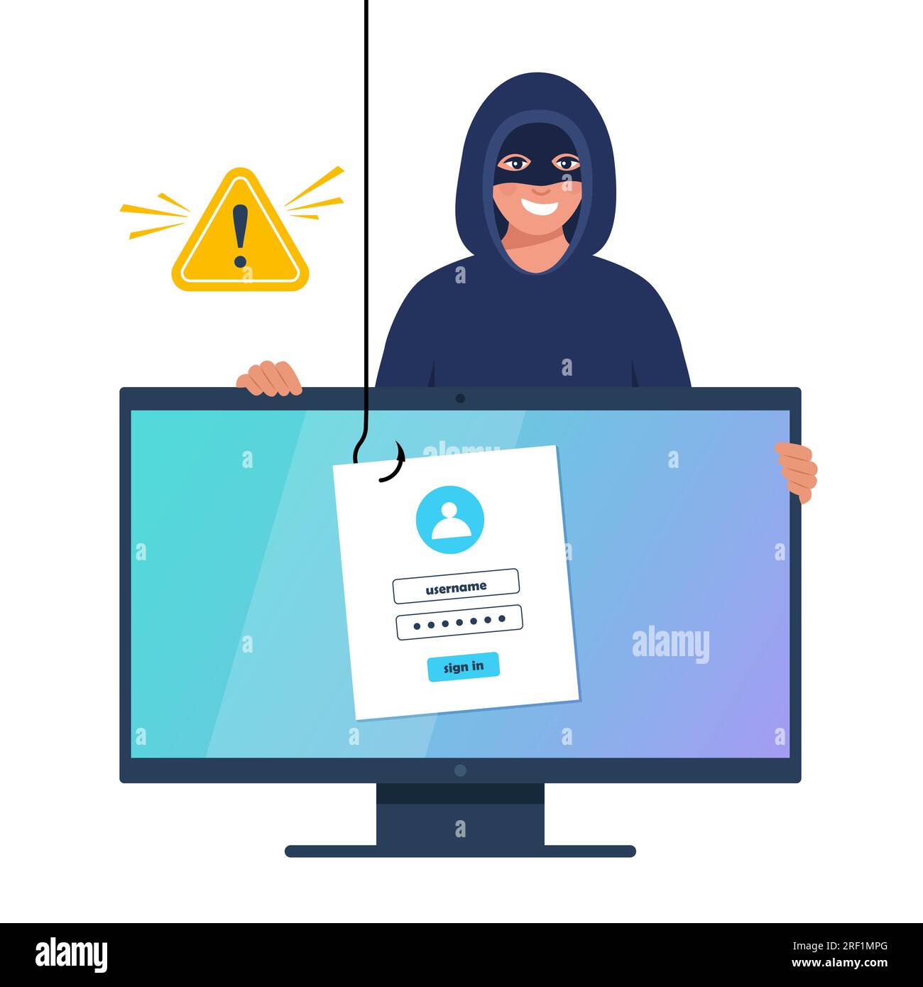 Data phishing, hacker attack. Thief hacker in mask stealing personal information from computer ...