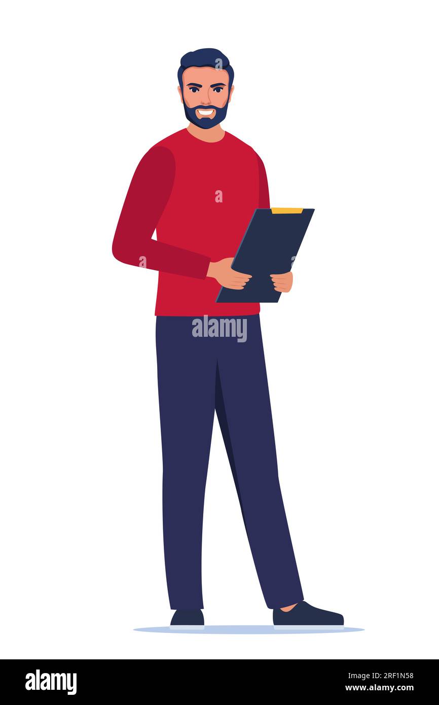 Young character with clipboard standing isolated on white background ...