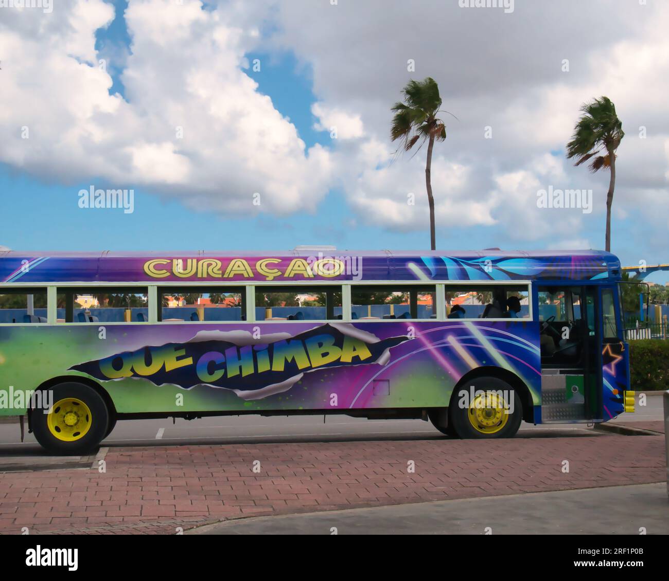 Colourful and vividly painted bus in Willemstad, Curacao Stock Photo ...