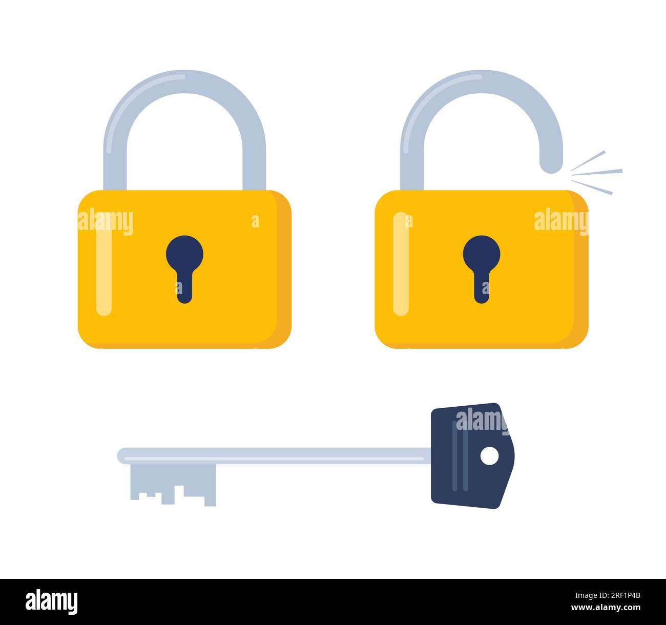 Metal key and a yellow lock. Opened and locked padlock and key. Vector ...