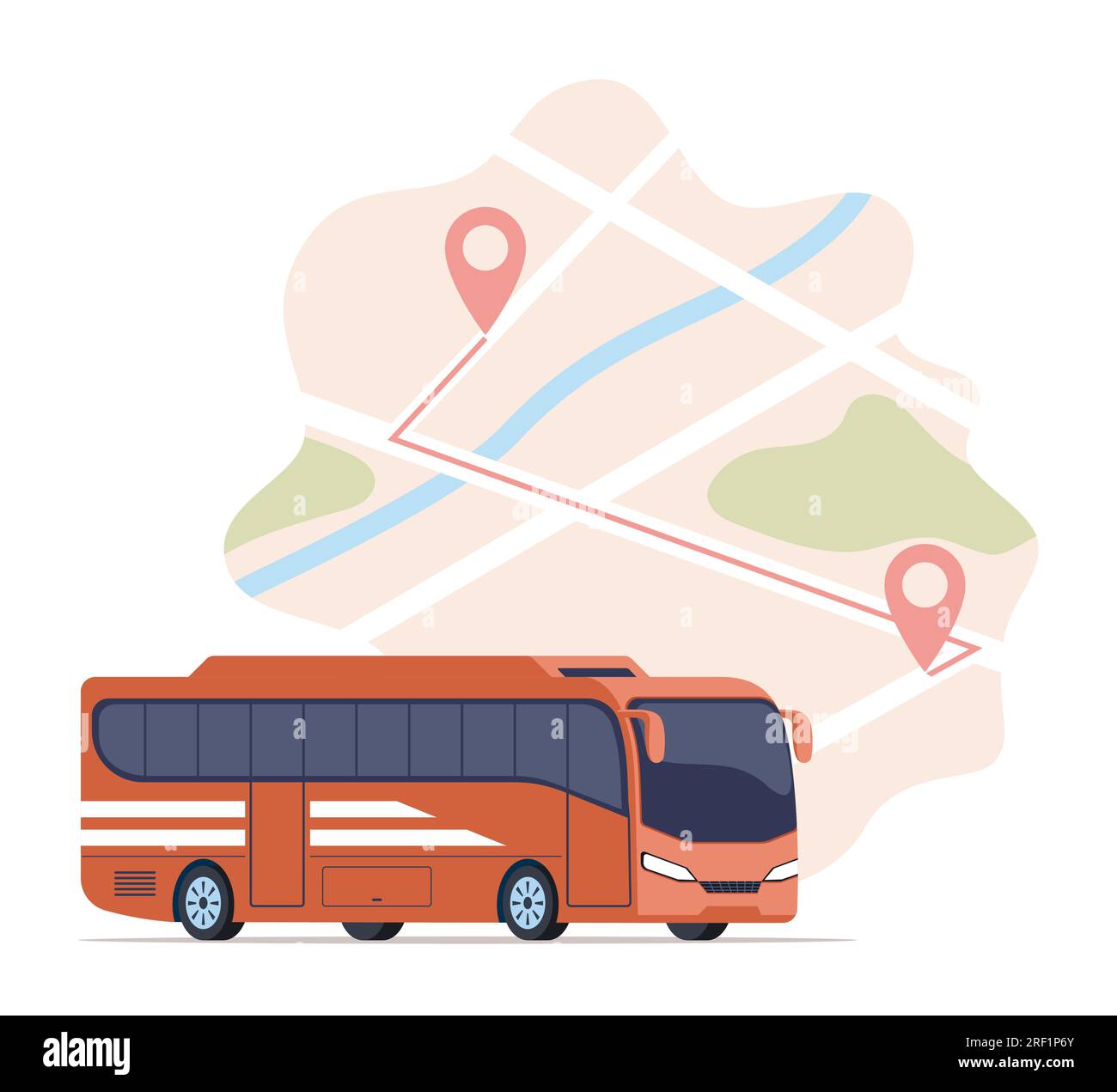 Tour bus and map with traffic navigation route location marker scheme ...