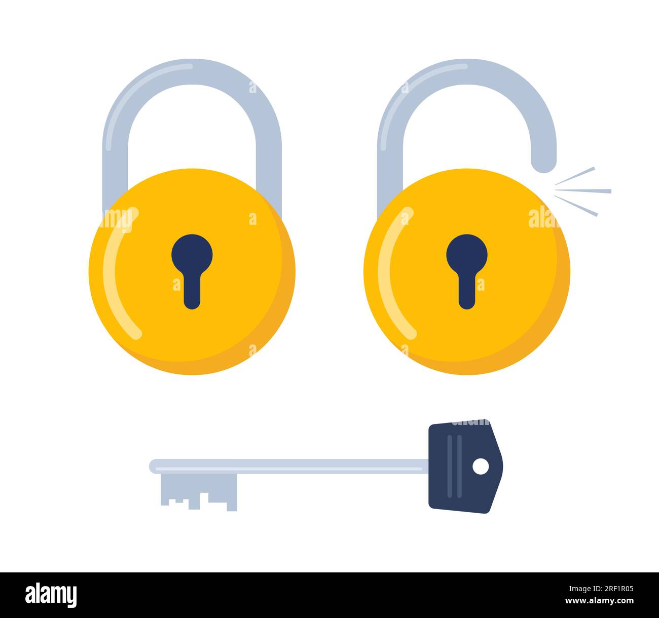 Metal key and a yellow lock. Opened and locked padlock and key. Vector ...