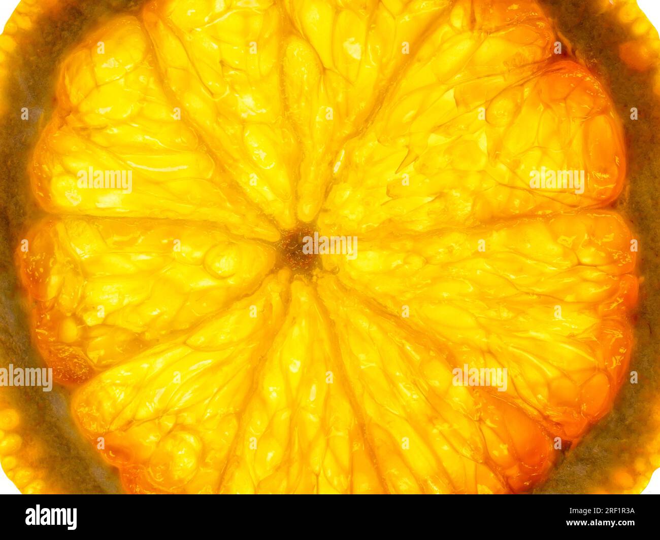 Macro of a backlit transparent orange slice showing the pulp detail ...