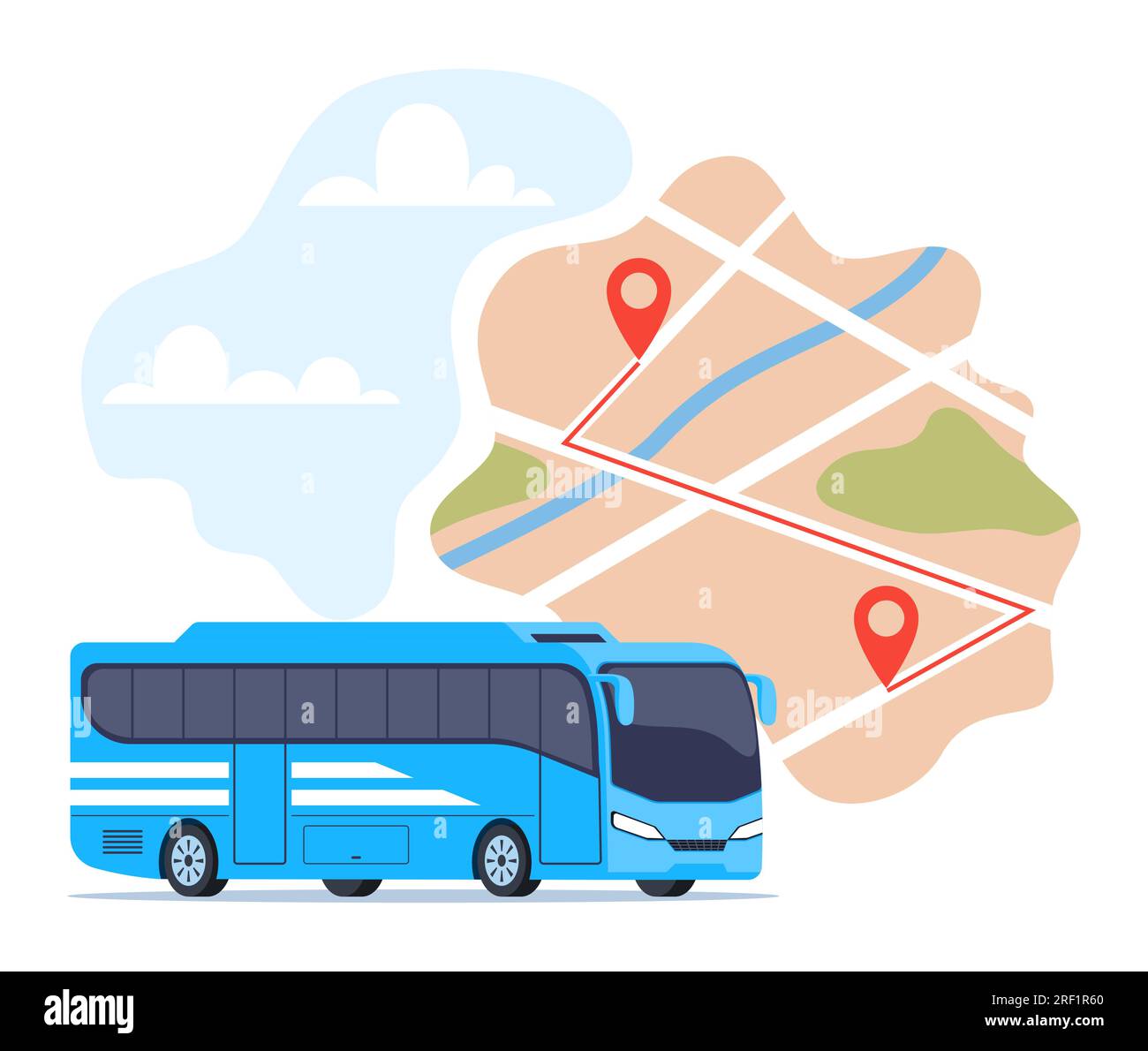 Tour bus and map with traffic navigation route location marker scheme ...