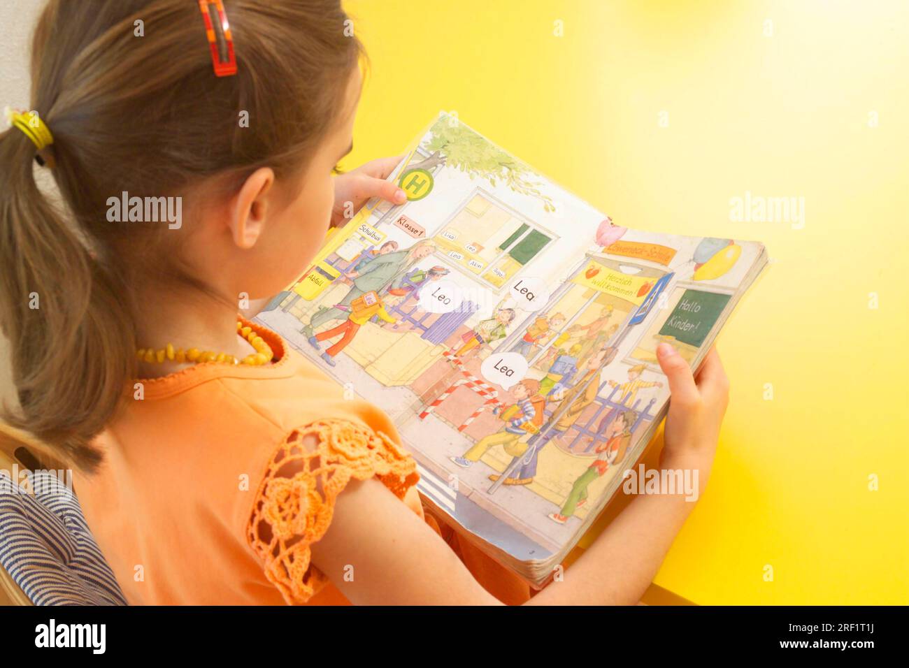 Girl learns, school work, homework, learn, reading book Stock Photo - Alamy
