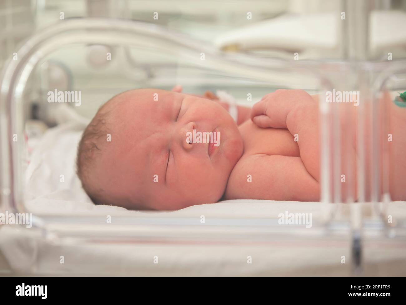 Newborn baby in an incubator for babies. Infant in the rehabilitation ...