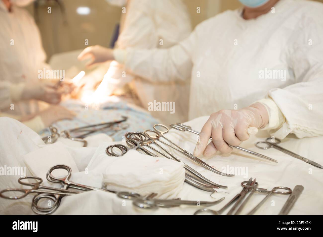 Surgical table with medical instruments, scissors and scalpel Stock ...