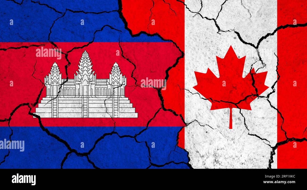 Flags of Cambodia and Canada on cracked surface - politics ...