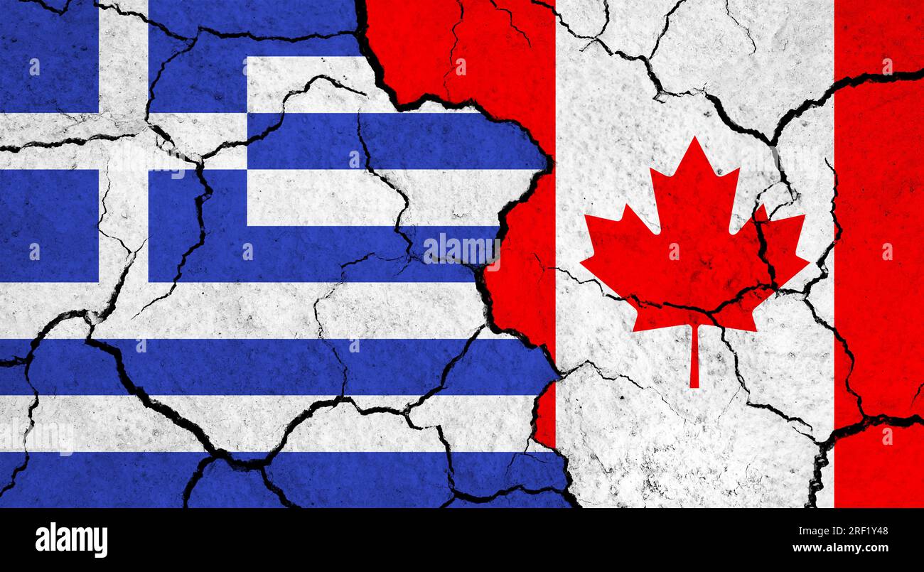 Flags of Greece and Canada on cracked surface - politics, relationship ...