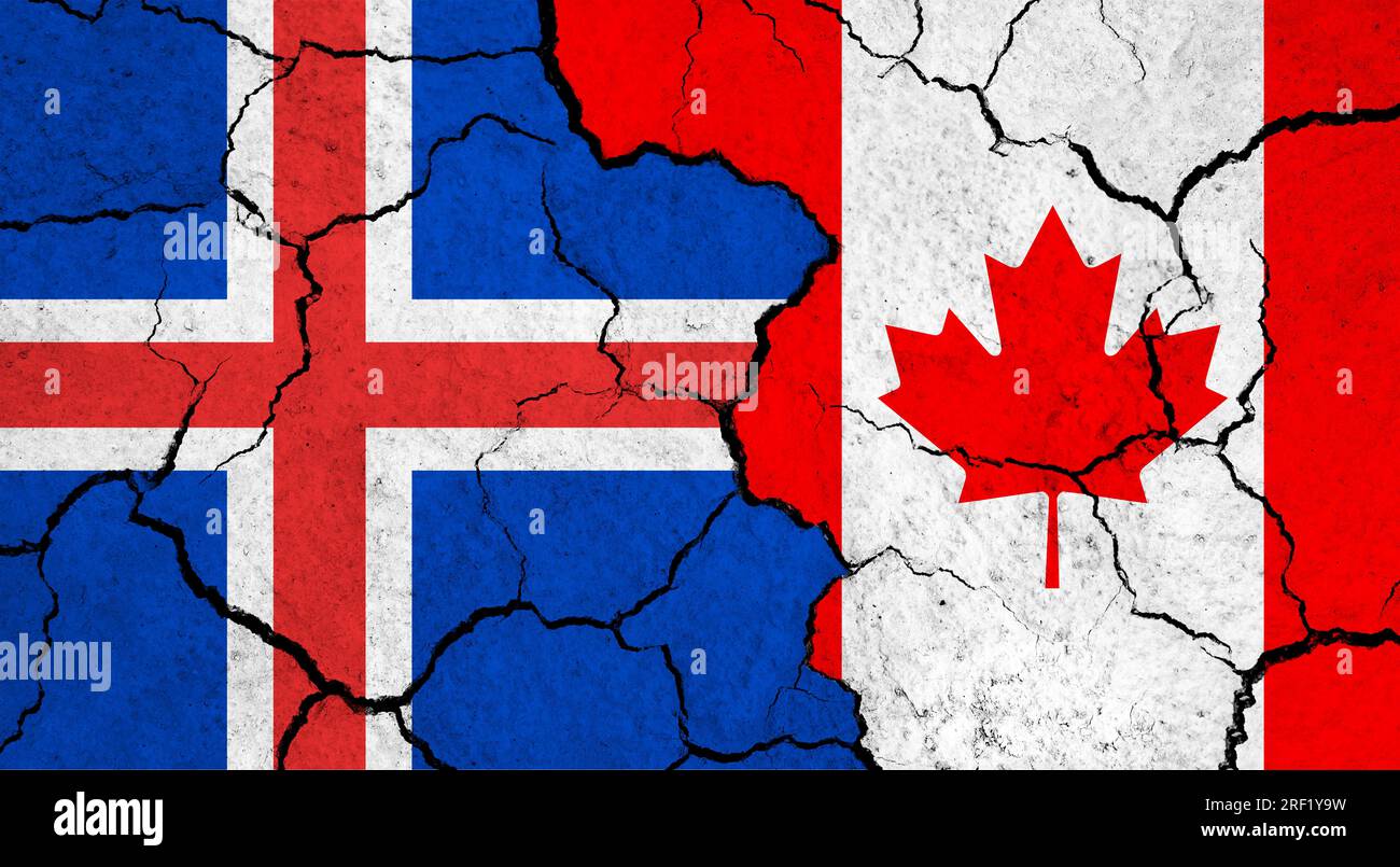 Flags of Iceland and Canada on cracked surface - politics, relationship ...