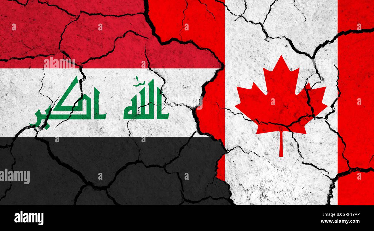 Flags of Iraq and Canada on cracked surface - politics, relationship ...