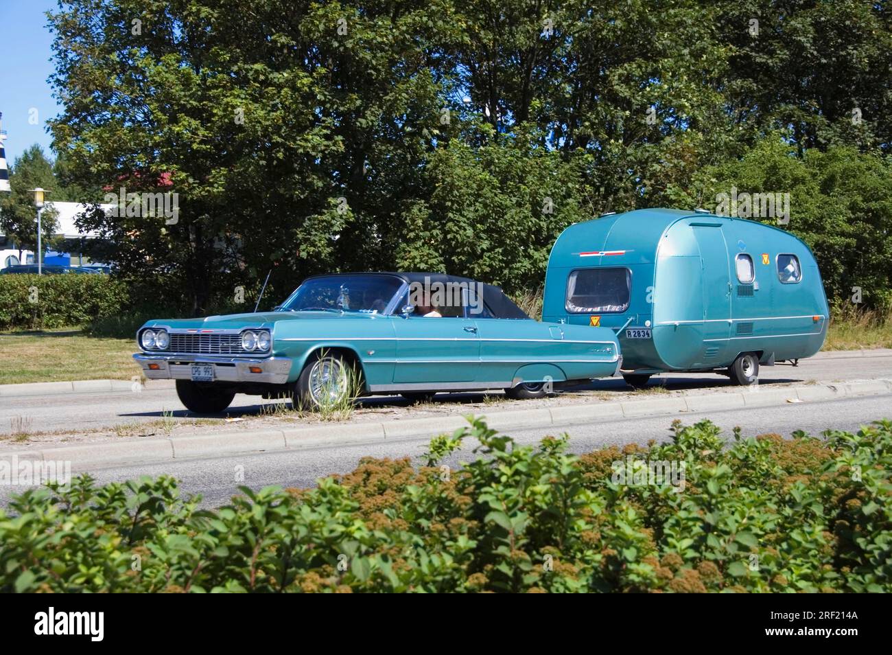 Vintage car with caravan, Central Sweden, Sweden Stock Photo - Alamy