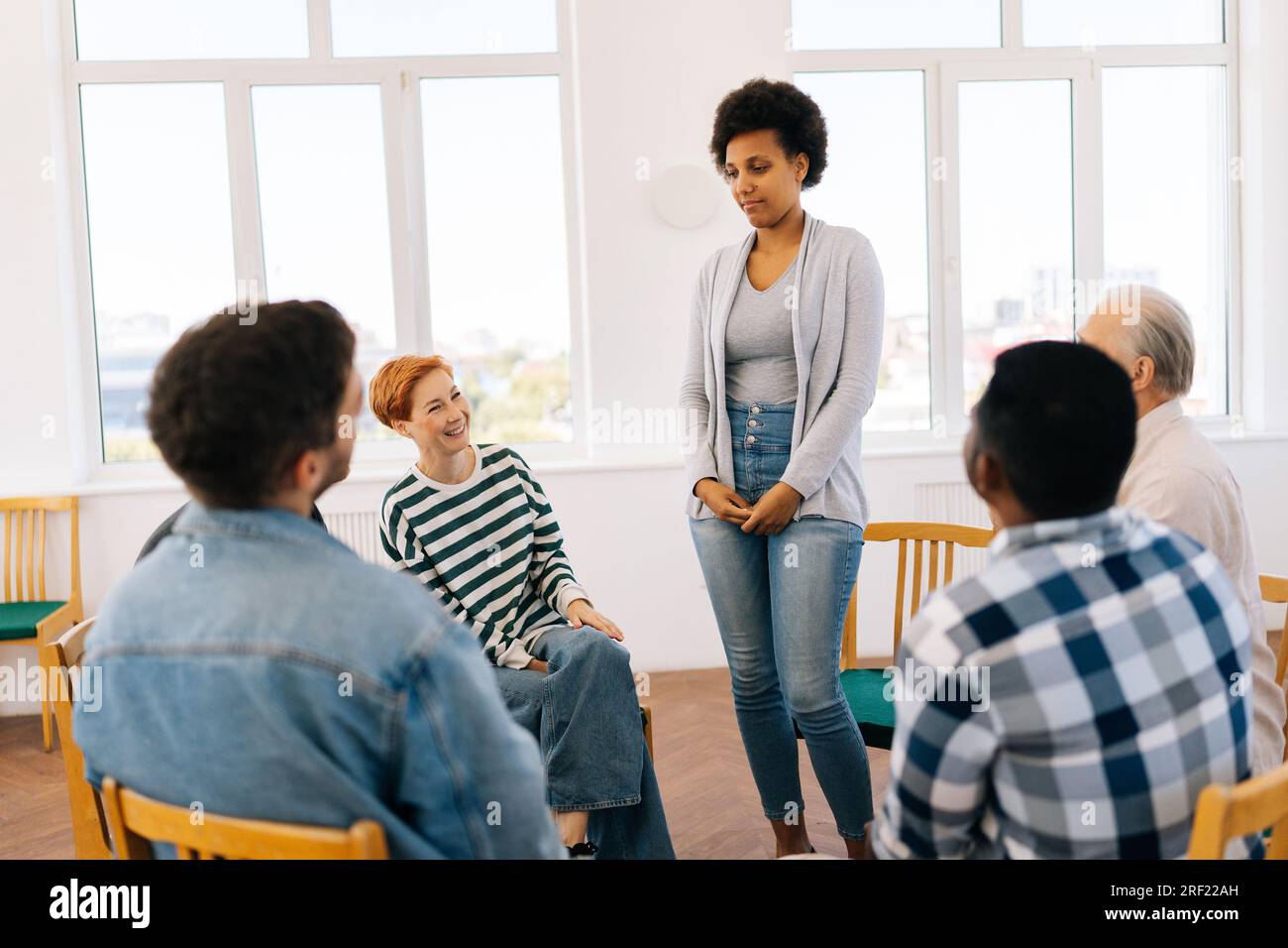 Portrait of African black female patient having breakthrough in group ...