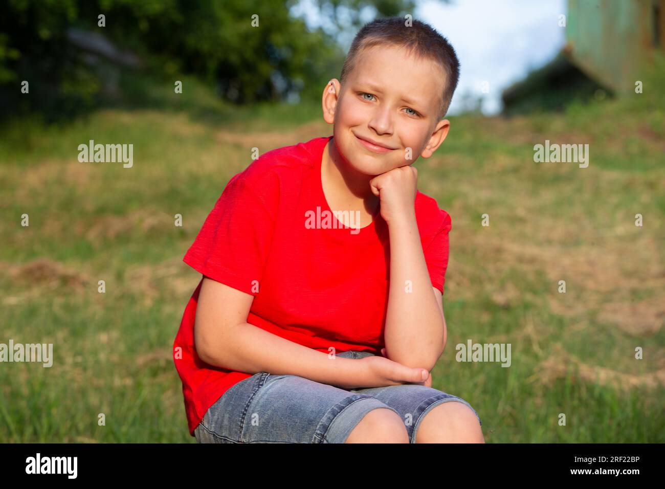 Portrait of an eight-year-old blond boy with blue eyes against the ...
