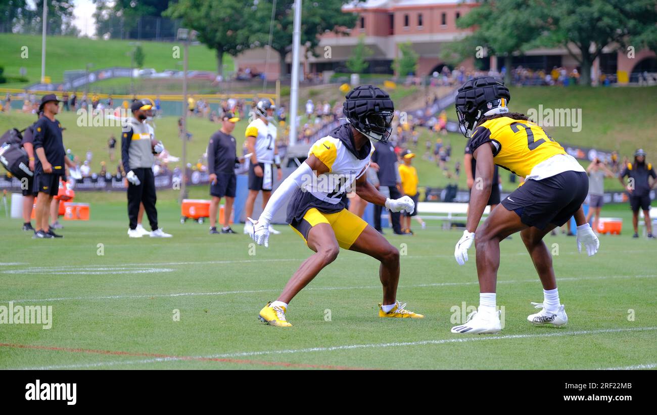 July 30th, 2023: George Pickens #14, and Joey Porter Jr. #24 during the Pittsburgh Steelers ...