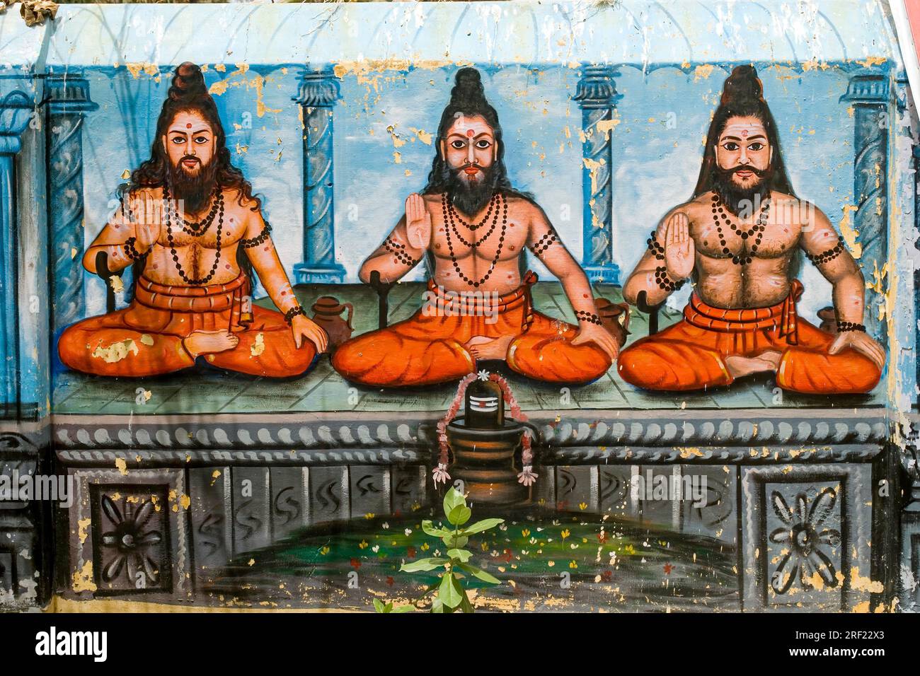 Paintings of three Sadhus Jeeva Samadhi with shivalinga on wall in Tiruchendur, Tamil Nadu ...