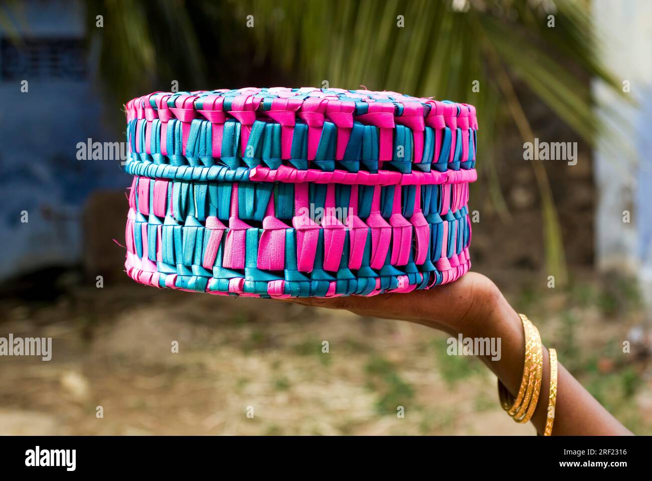 Environmental friendly colourful palm leaf box at Manapad near ...