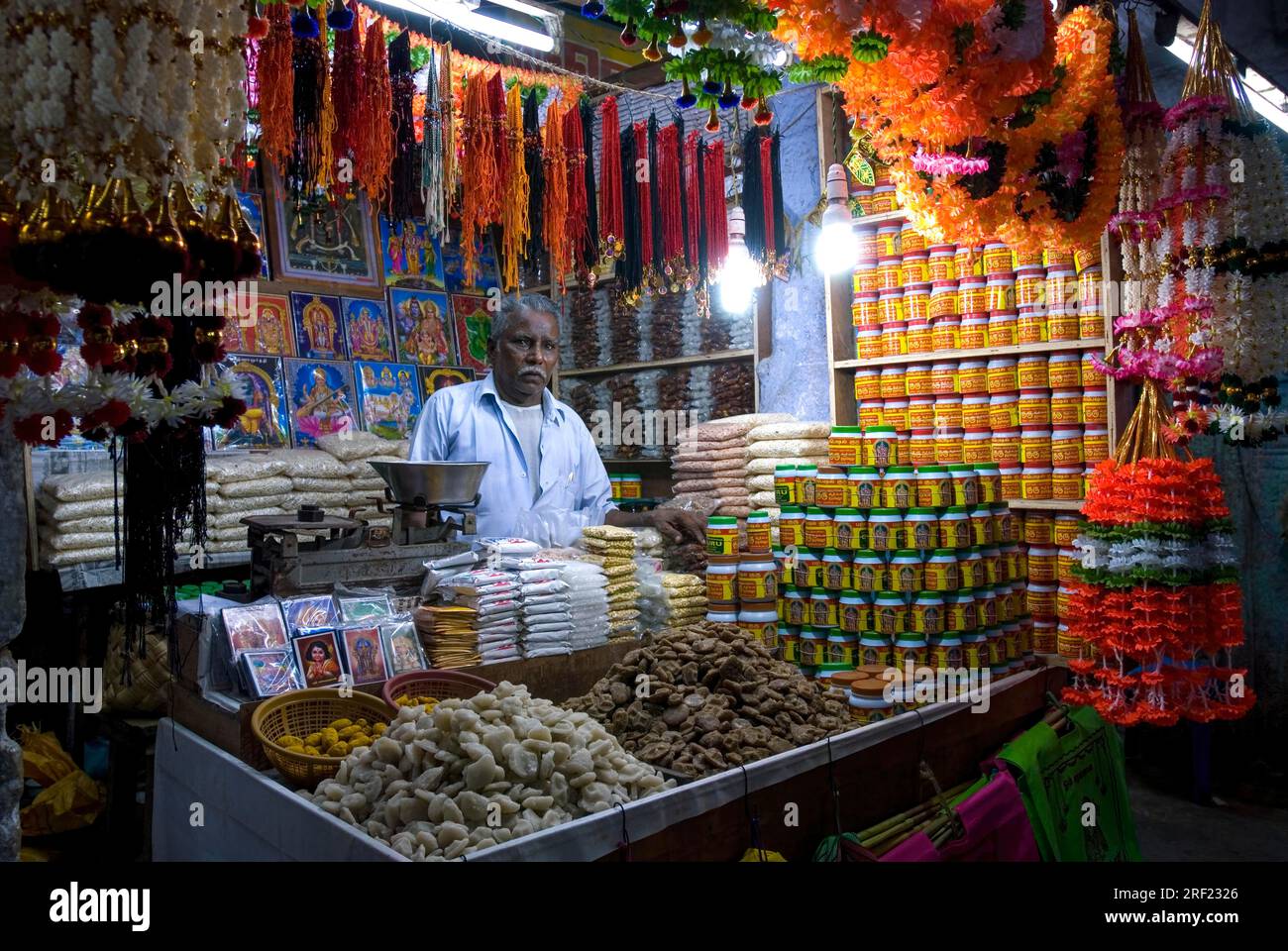 Stall selling religious items at Tiruchendur, Tamil Nadu, South India ...