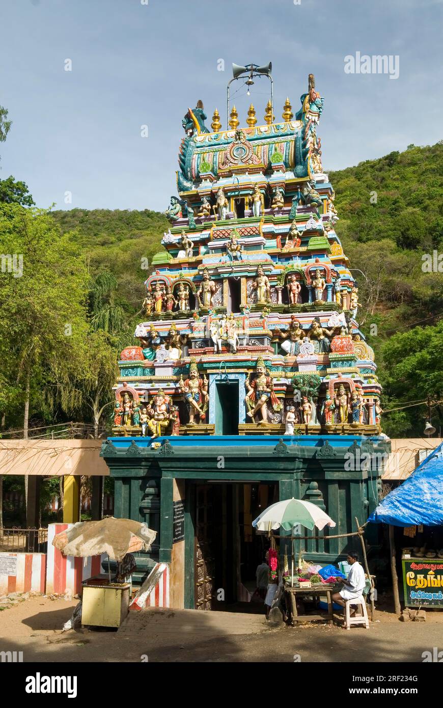 Temple tower gopuram Murugan Temple in Pazhamudircholai near Madurai ...