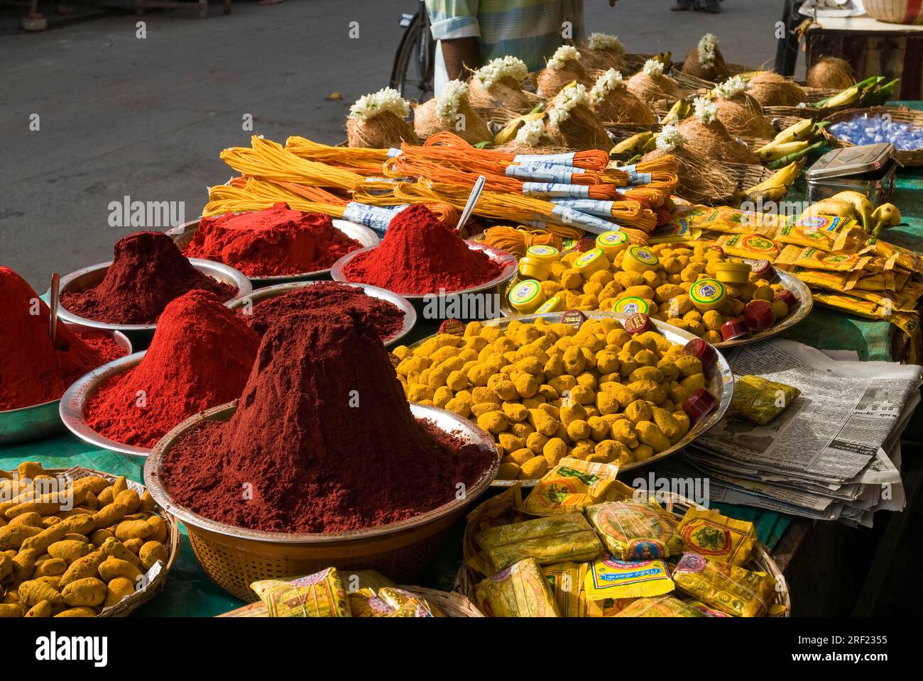 Turmeric kumkum and other pooja puja things in a shop at Swamimalai ...