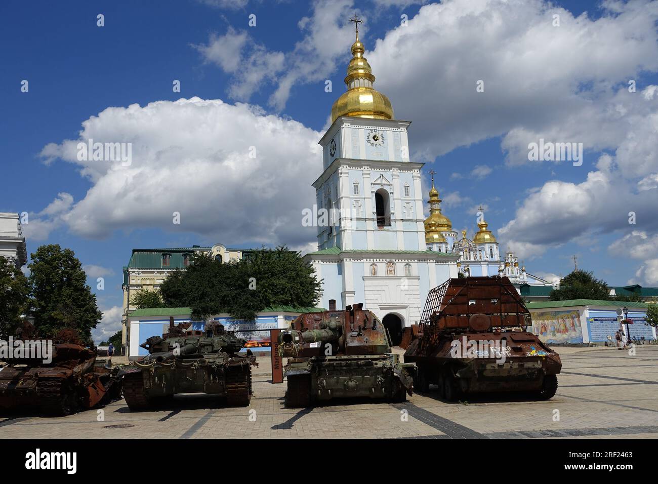 Destroyed Russian army armored vehicles are displayed in a square in ...