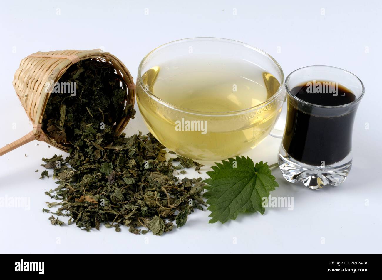 Glass with nettle juice, cup with nettle tea and dried leaves (Urtica ...
