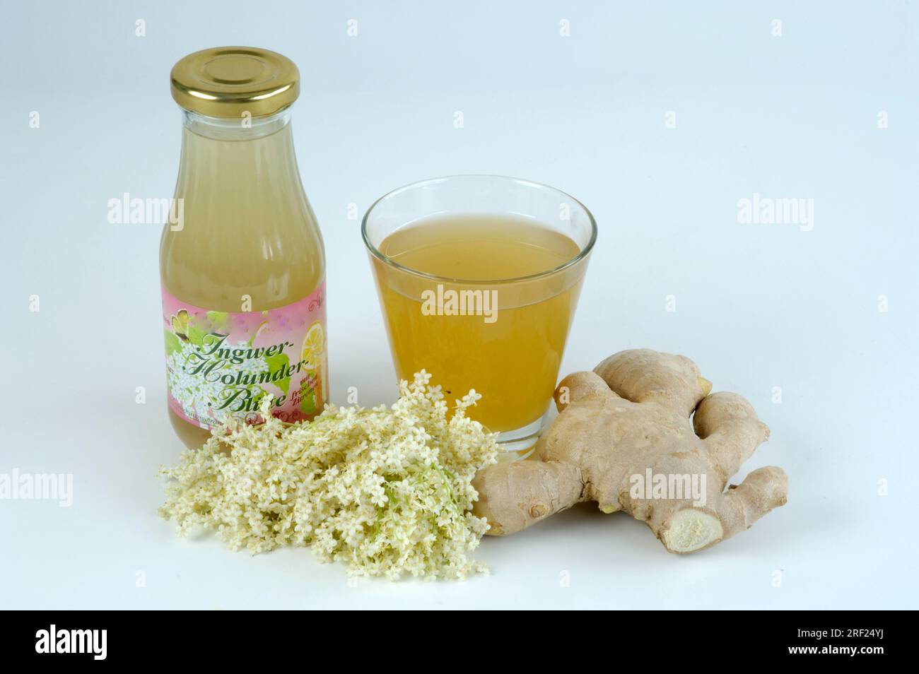 Elder (Sambucus nigra), flowers, elderberry syrup, and ginger root ...